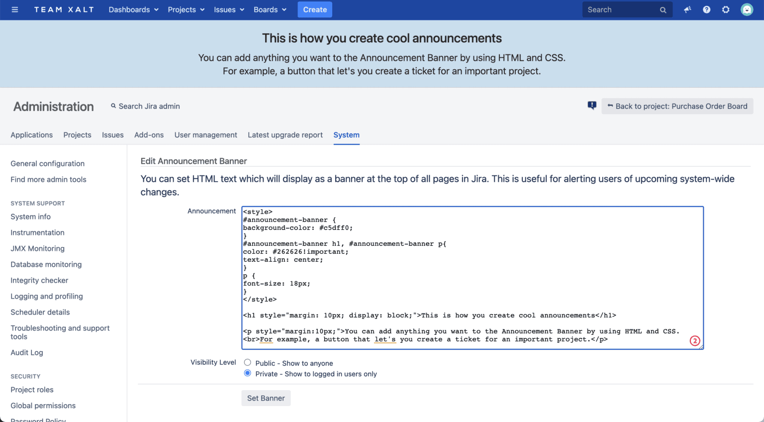 How to add quicklinks to the announcement banner in Jira - XALT